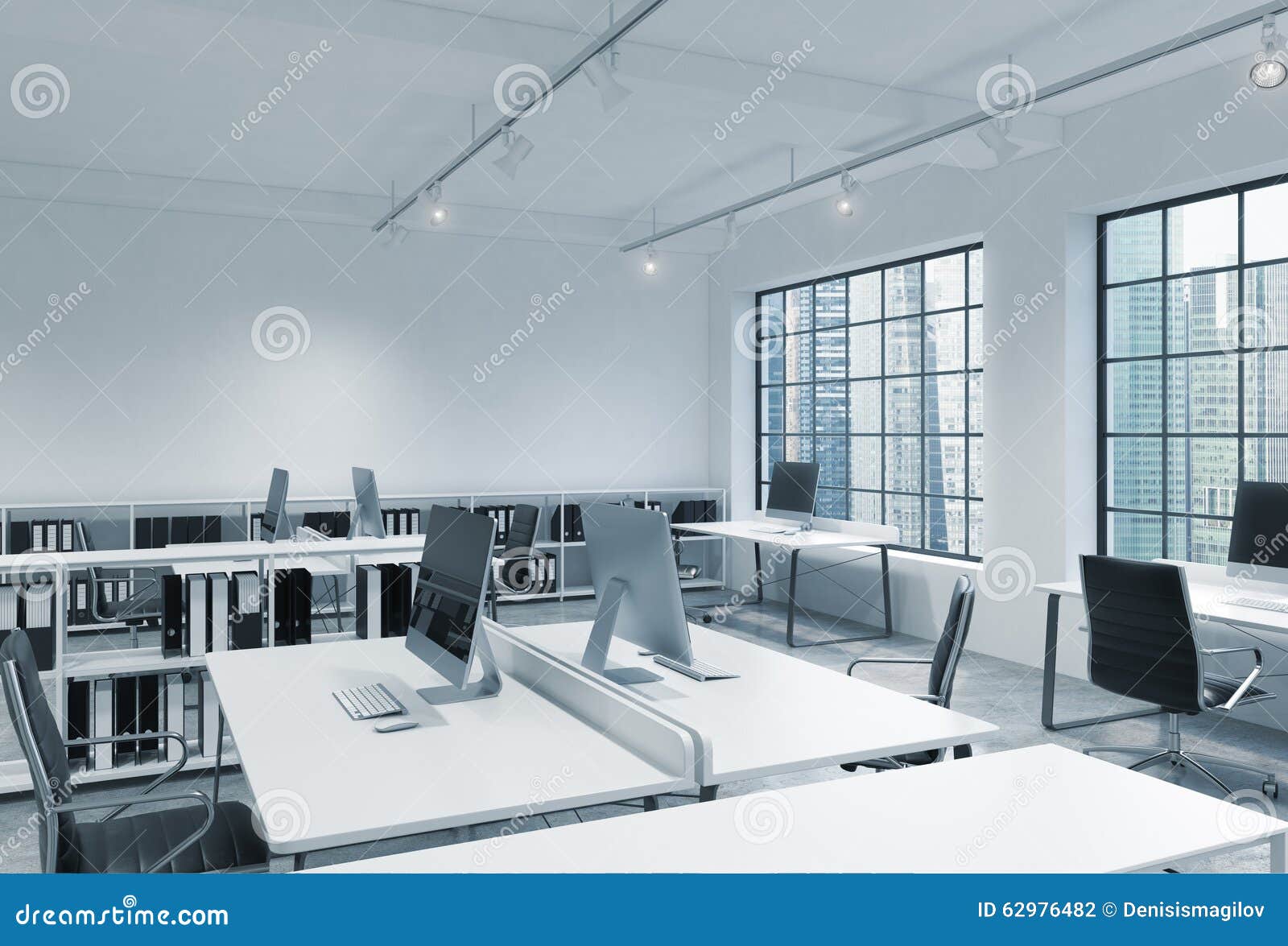 Workplaces in a Bright Modern Loft Open Space Office. Tables are ...