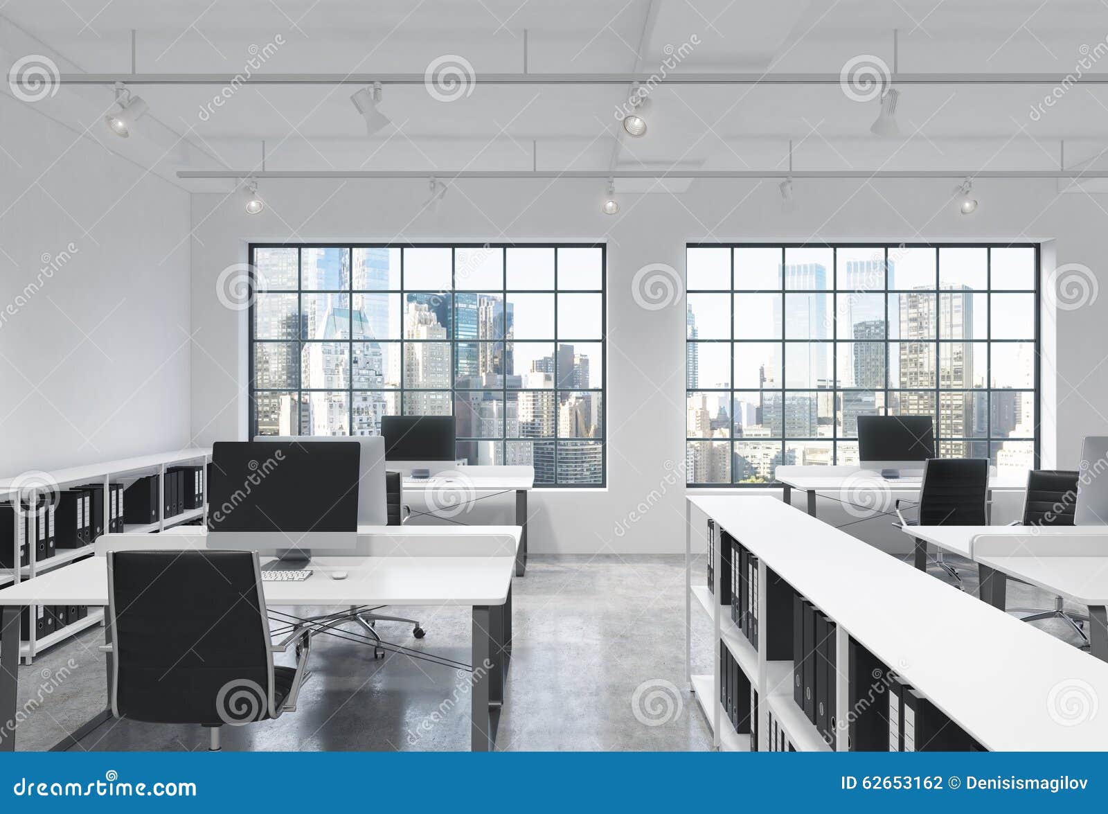 Workplaces in a Bright Modern Loft Open Space Office. Tables are ...