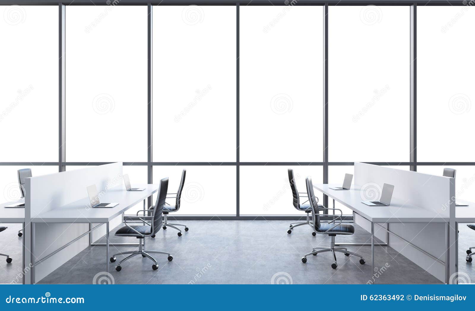 Workplaces in a Bright Modern Open Space Office. White Tables Equipped ...