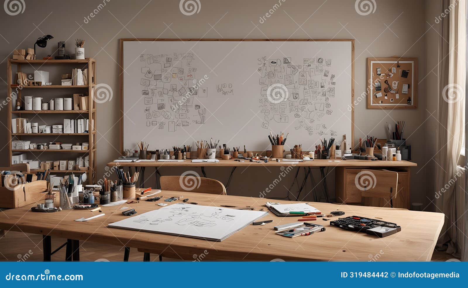 A Workroom with a Large and Natural Wood Desk. Side View Stock ...