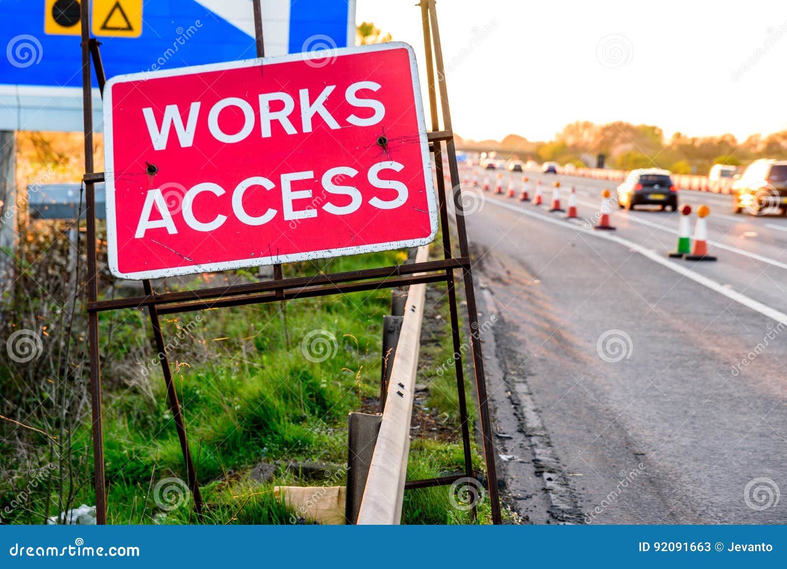 Works Access only Sign on UK Motorway Evening Stock Image - Image of ...
