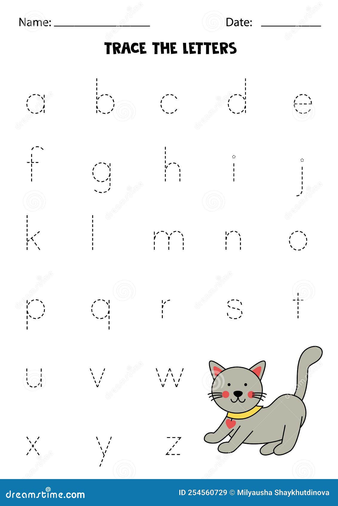 Worksheet with Cute Cat. Trace Lowercase Letters of Alphabet Stock ...