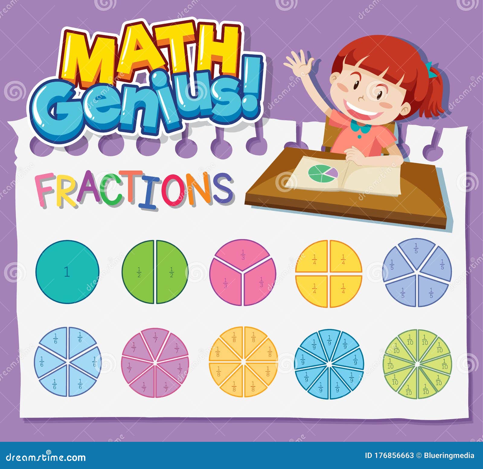 Worksheet Design for Math Genius with Girl and Fractions Stock ...