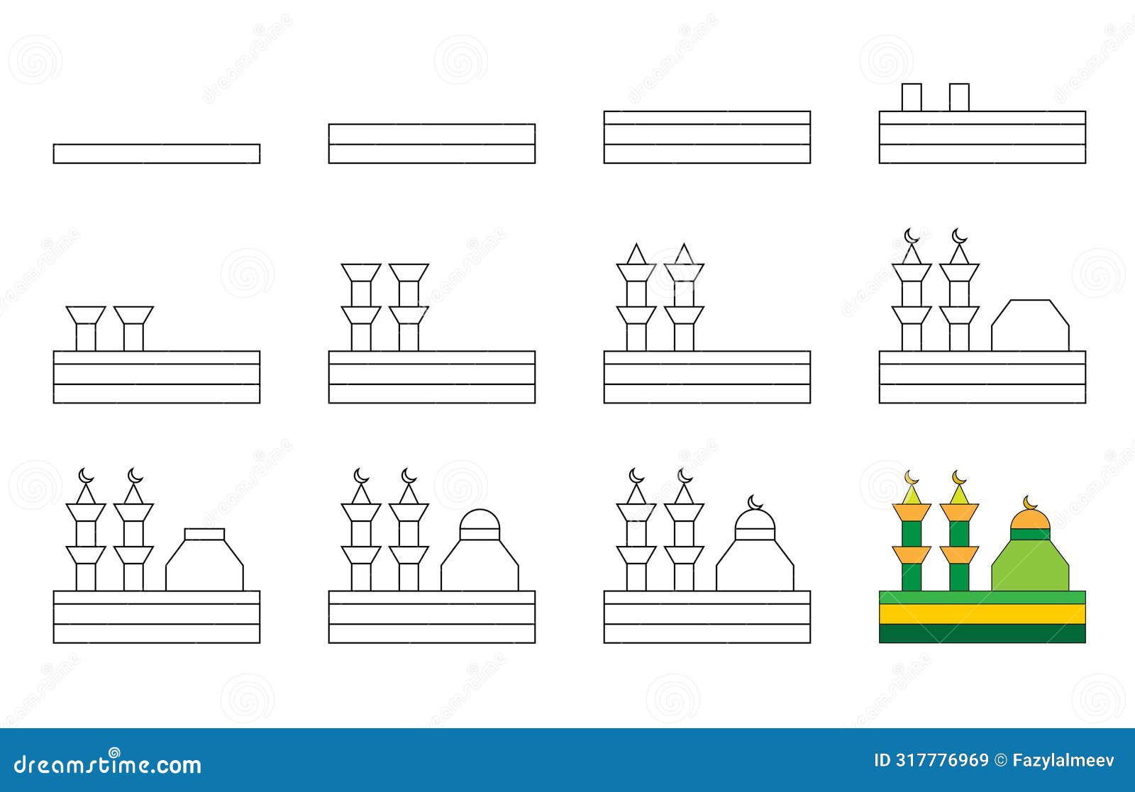 Worksheet Easy Guide To Drawing Cartoon Mosque. Simple Step-by-step ...