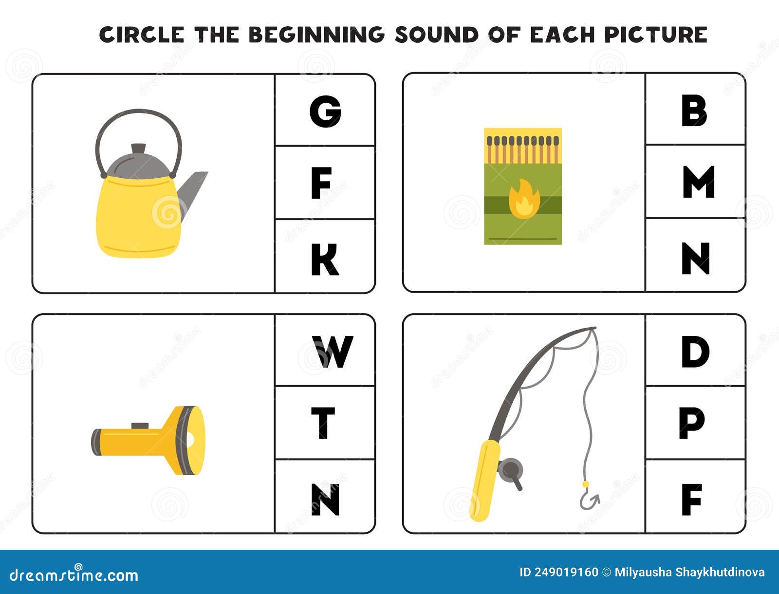 Worksheet for Kids. Find the Beginning Sound of Camping Elements. Stock ...
