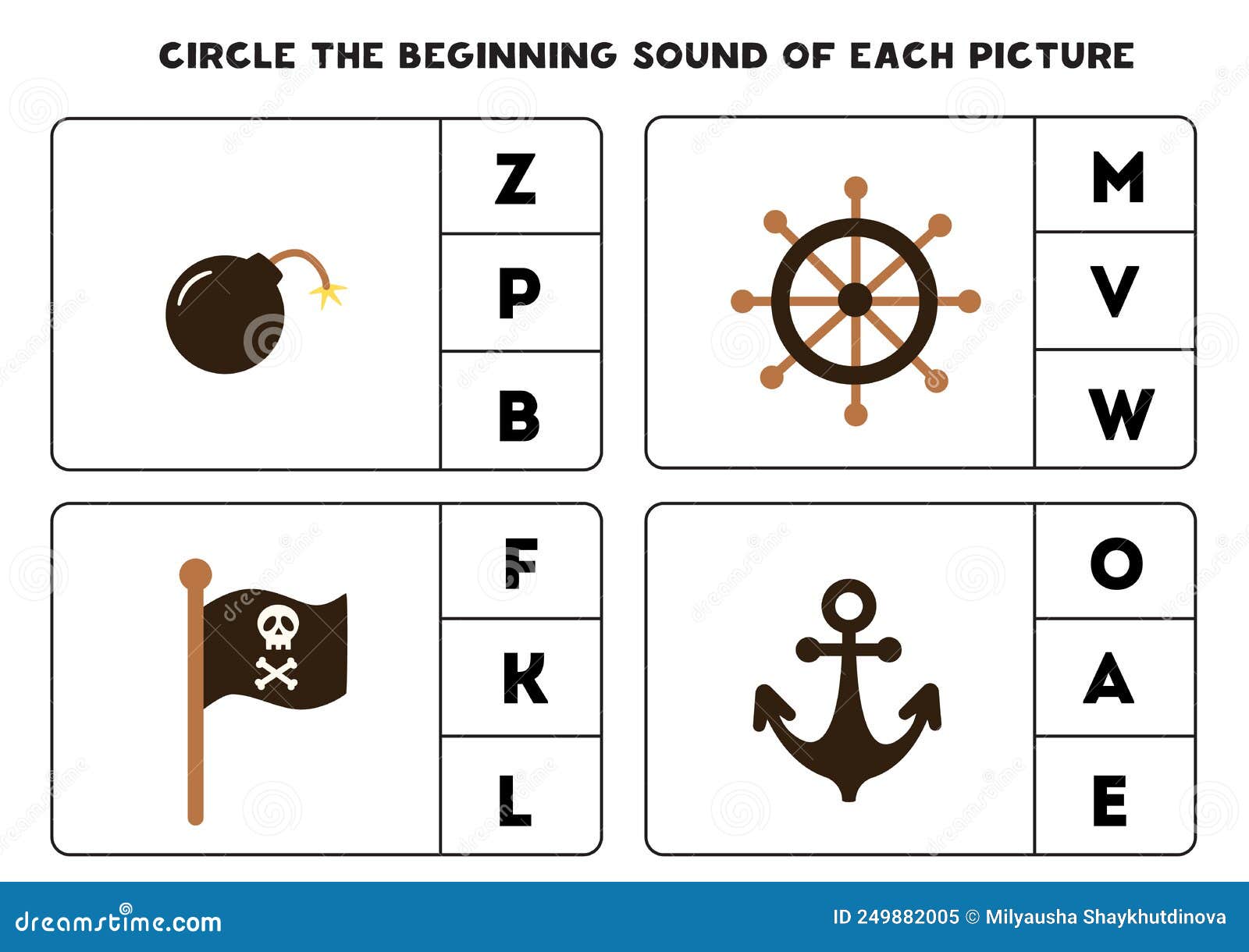 Worksheet for Kids. Find the Beginning Sound of Pirate Elements. Stock ...