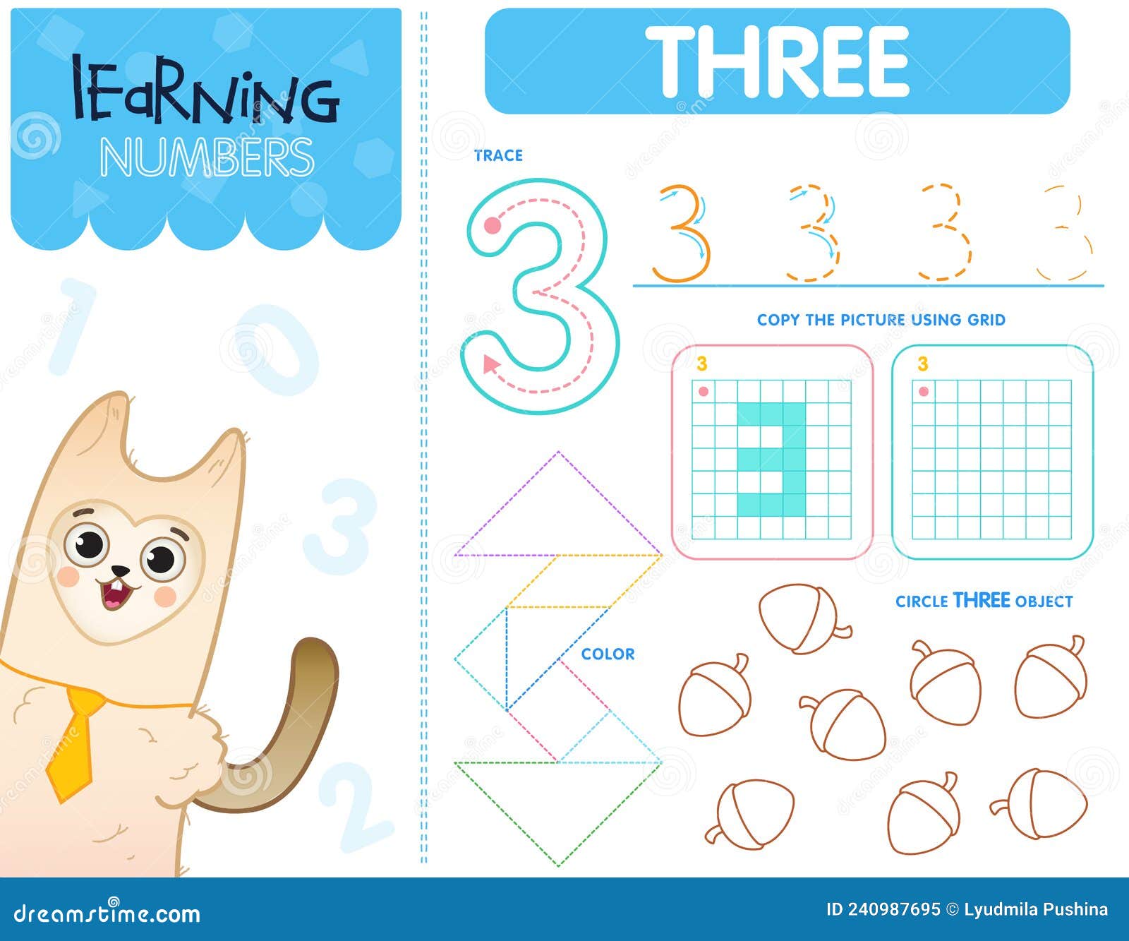 Worksheet for Learning Numbers. Number 3. Kids Learning Material and ...