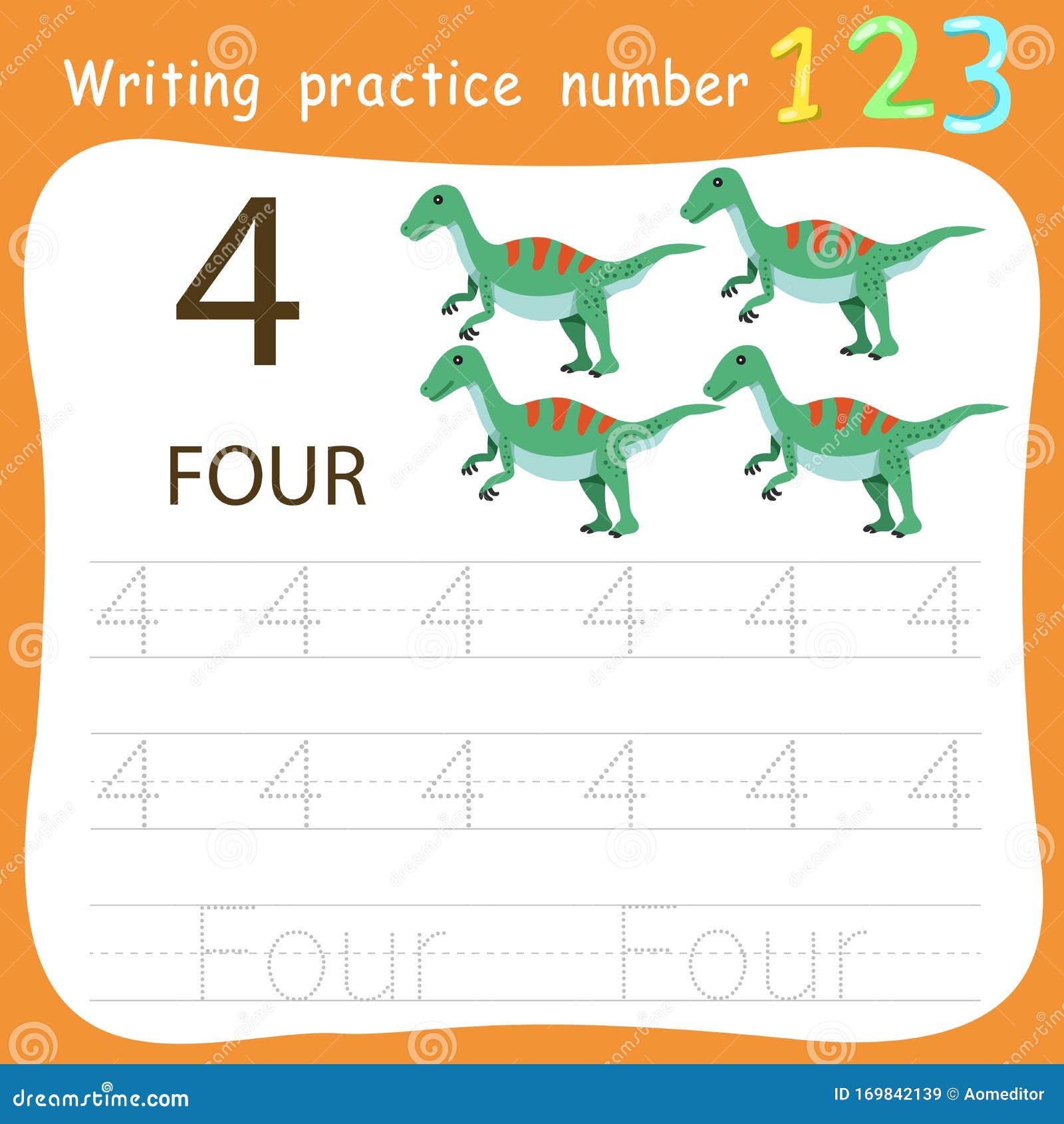 Worksheet Writing Practice Number Four Stock Vector - Illustration of ...