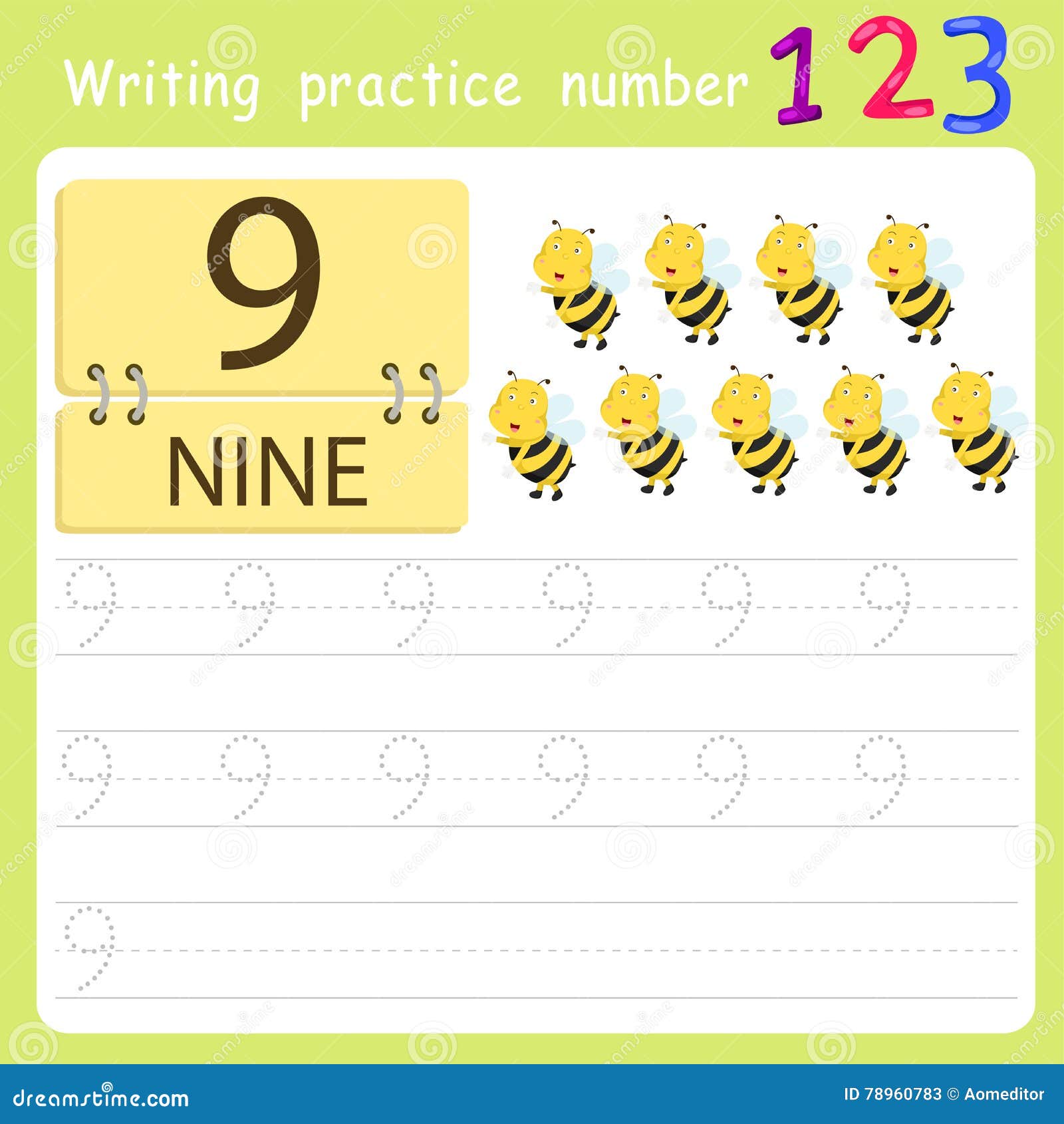 Worksheet Writing Practice Number Nine Stock Vector - Illustration of ...