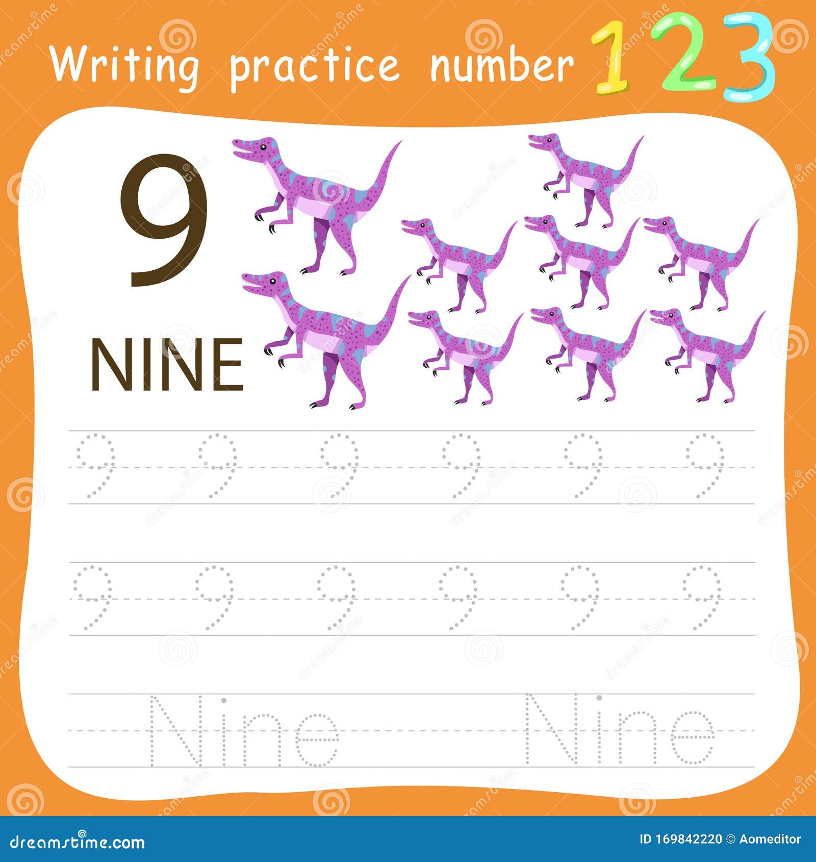 Worksheet Writing Practice Number Nine Stock Vector - Illustration of ...