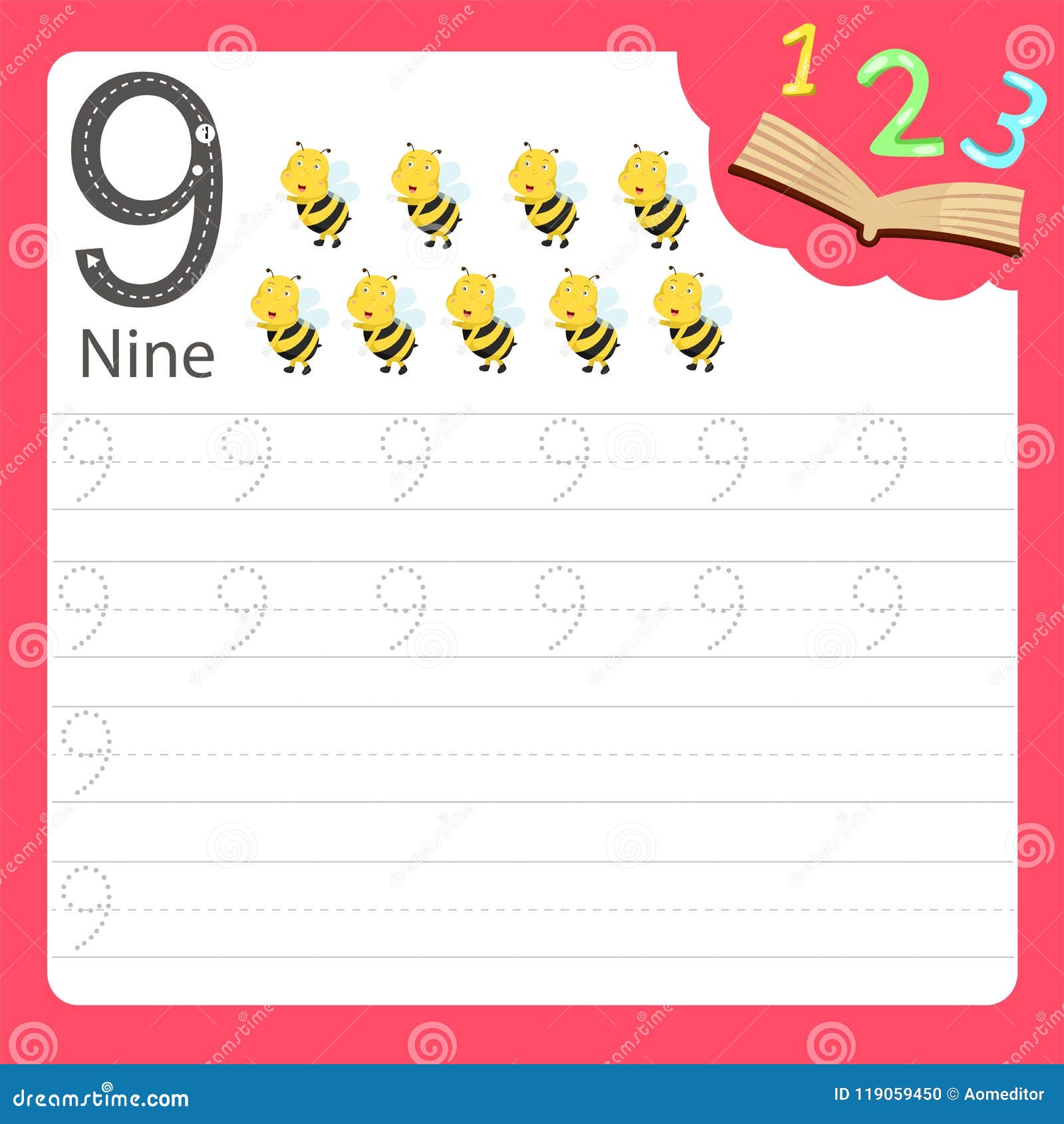 Worksheet Writing Practice Number Nine Stock Vector - Illustration of ...