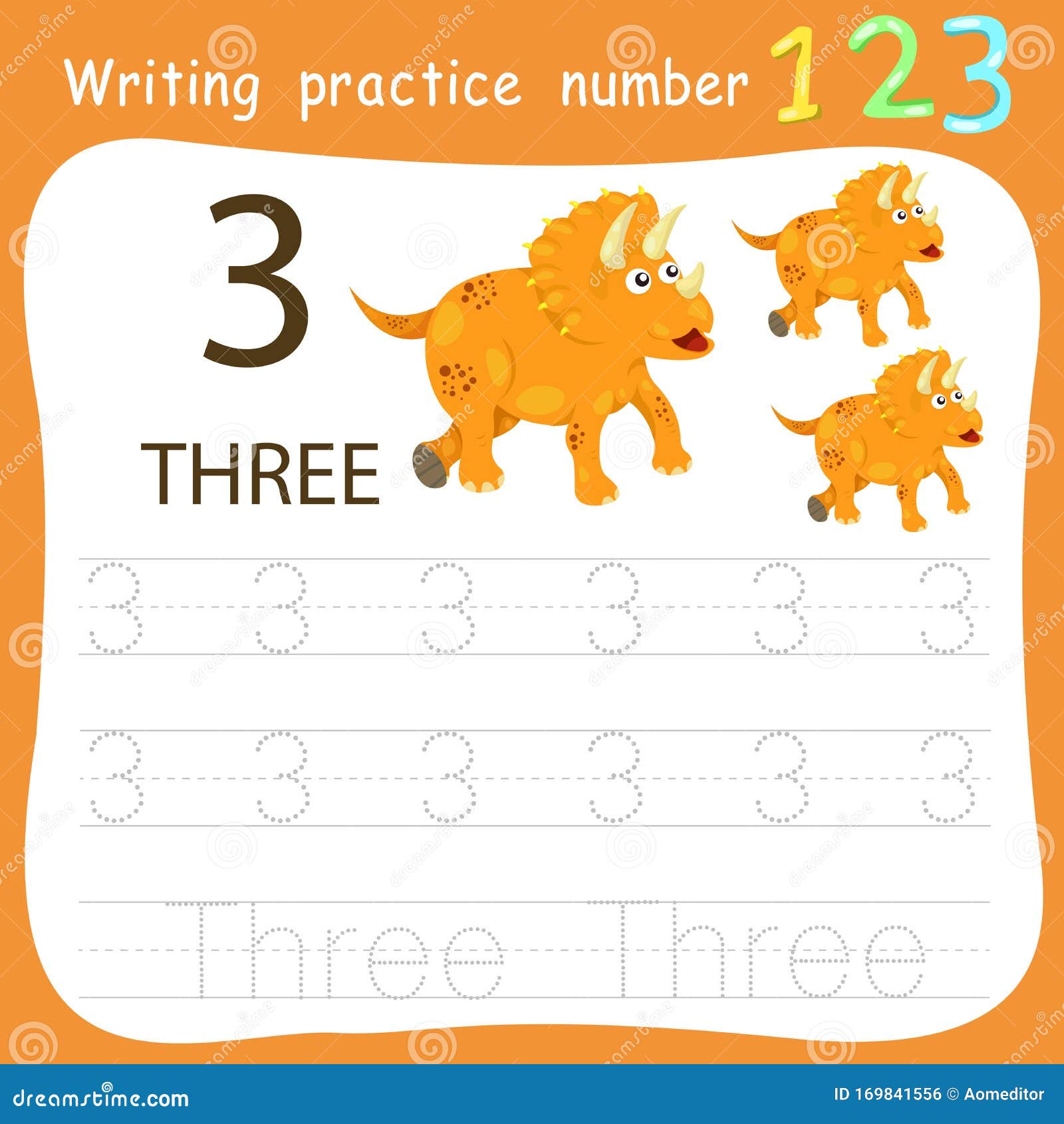 Worksheet Writing Practice Number Three Stock Vector - Illustration of ...