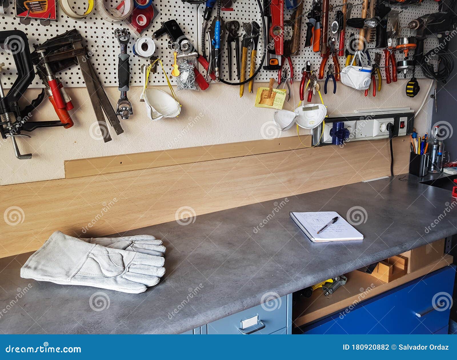 Workshop Bench with Tool Panel Stock Photo - Image of pliers ...
