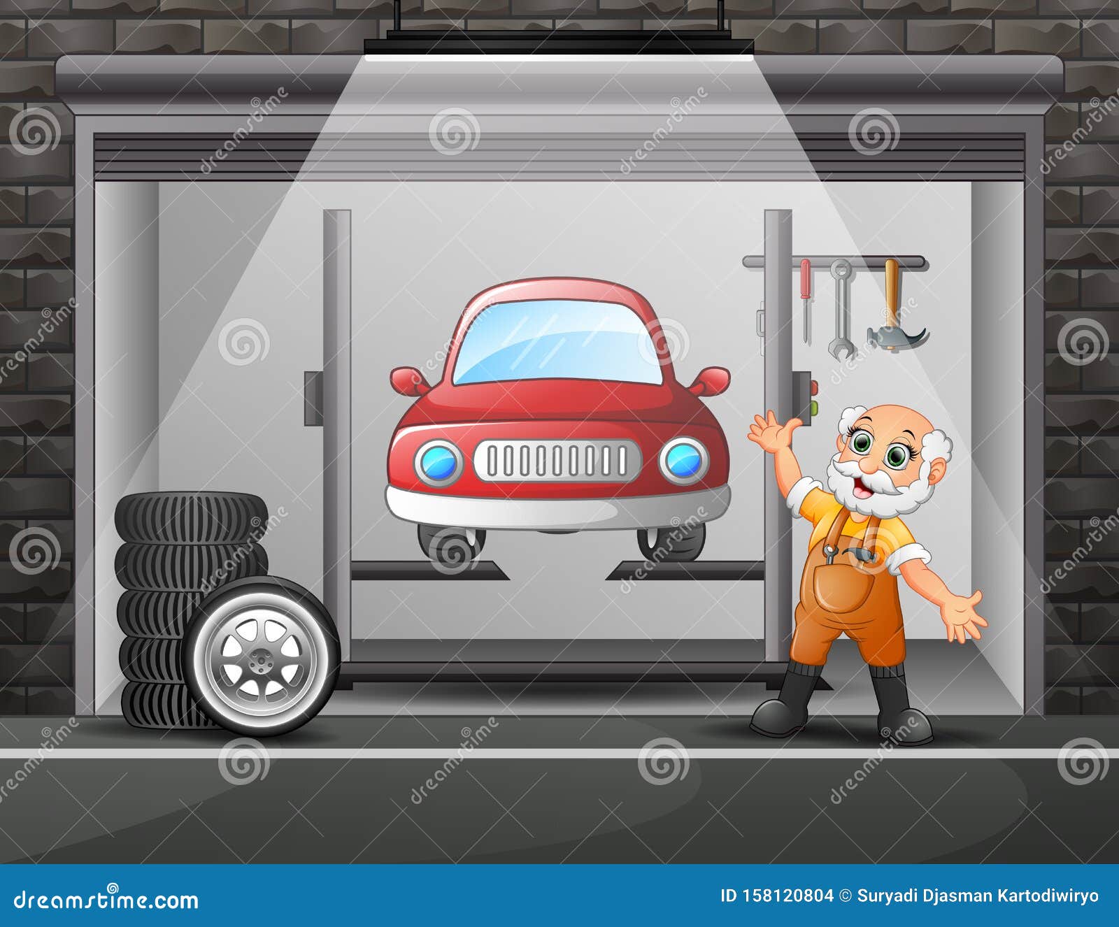 Workshop Car Repair with Elements and Old Worker Stock Vector ...