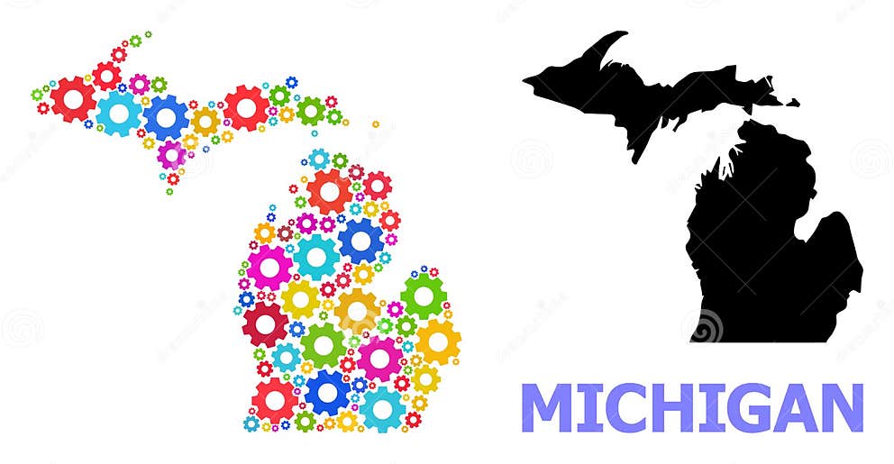 Workshop Collage Map of Michigan State with Multi-Colored Wheels Stock ...