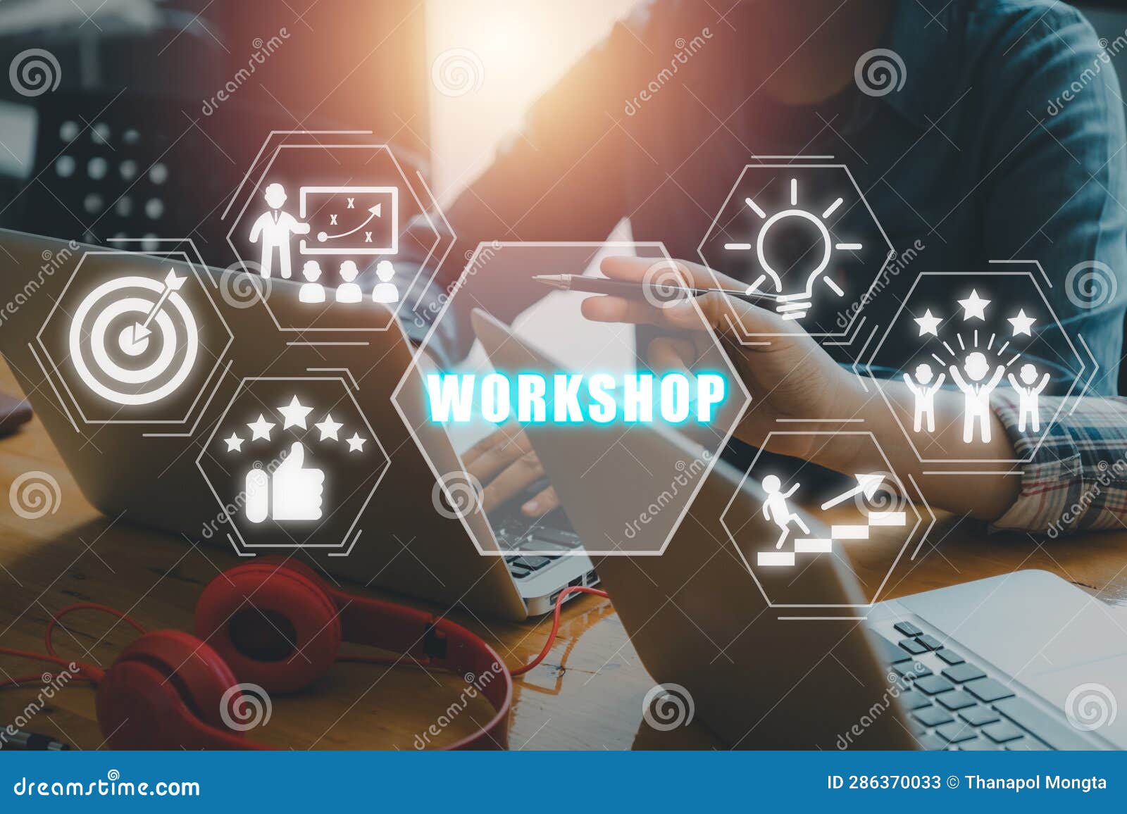 Business Team Working on Laptop Computer with Workshop Icon on Virtual ...