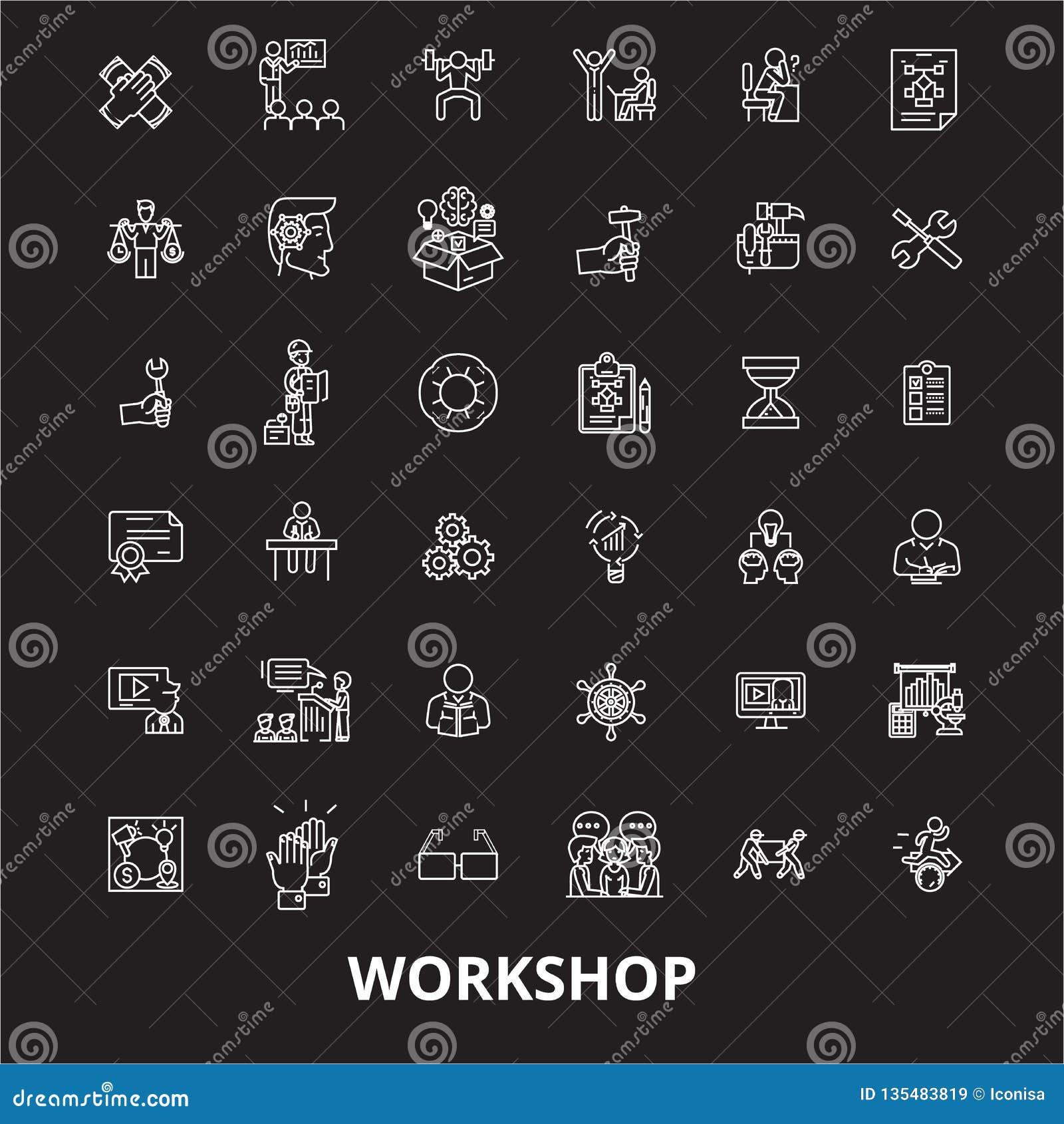 Workshop Editable Line Icons Vector Set on Black Background. Workshop ...