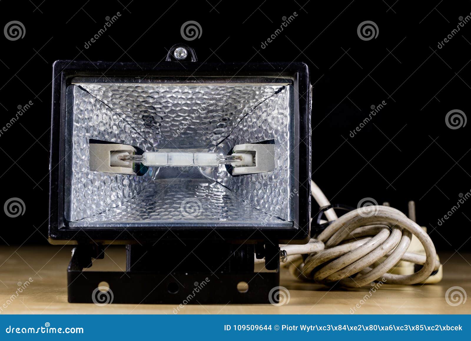 Workshop Halogen Lamp on a Wooden Workshop Table. Accessories an Stock ...