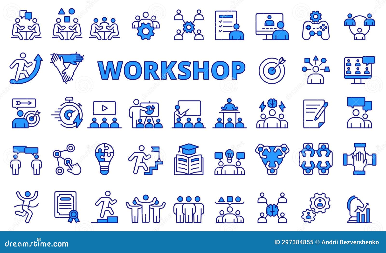 Workshop Icon Set in Line Design Blue. Training, Learning, Skills ...