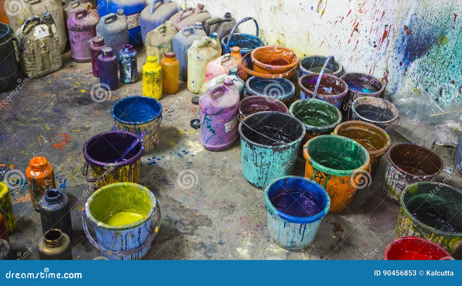 Workshop - A Lot Of Buckets With Multi-colored Paint. Multi-colors ...