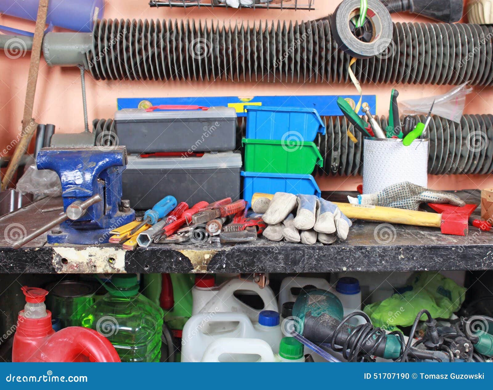 Workshop Scene. Image Of Old Tools Hanging On Wall In Workshop. Vintage ...