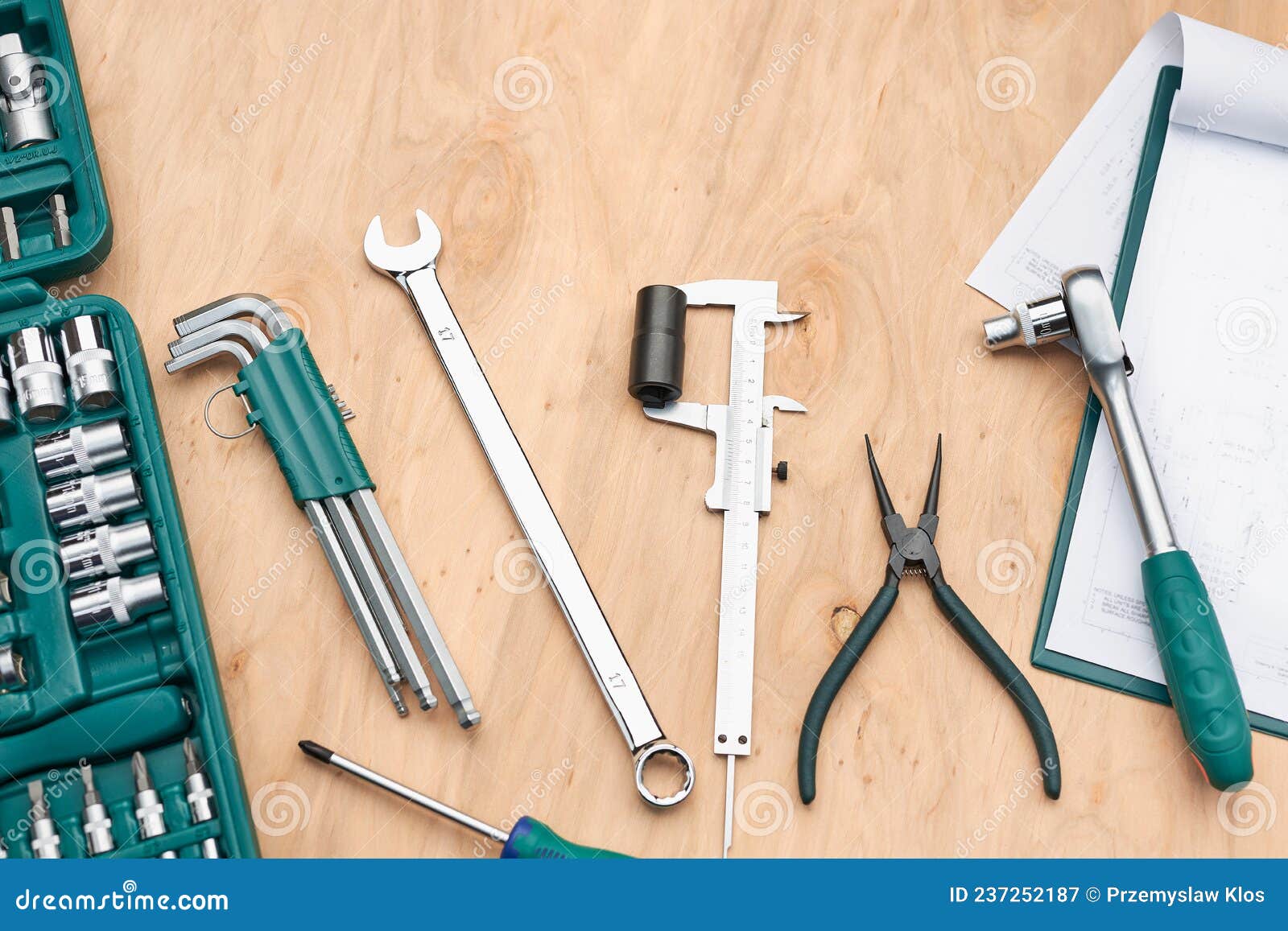 Workshop Table with Many Tools. Wrench, Spanner, Calliper and Ratchet ...