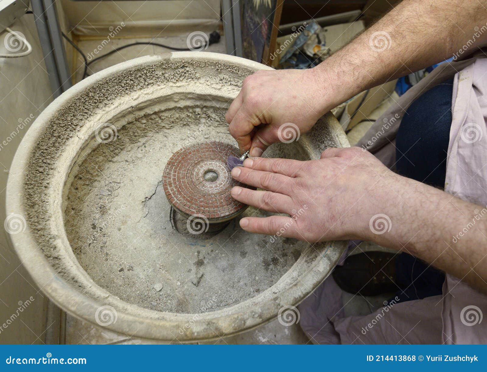 At the Workshop: Technician Grinds Mineral Using Grinding Wheel Stock ...
