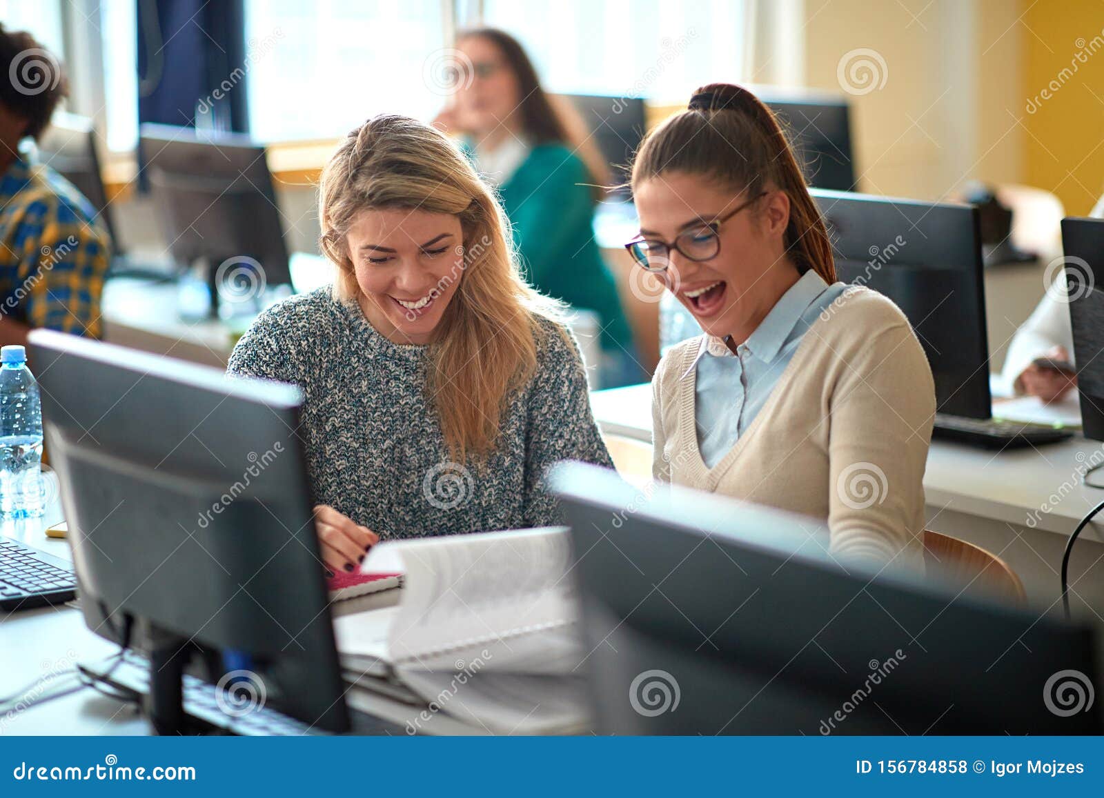 It Workshop at University. Happy Girl on Class with Computer Stock ...