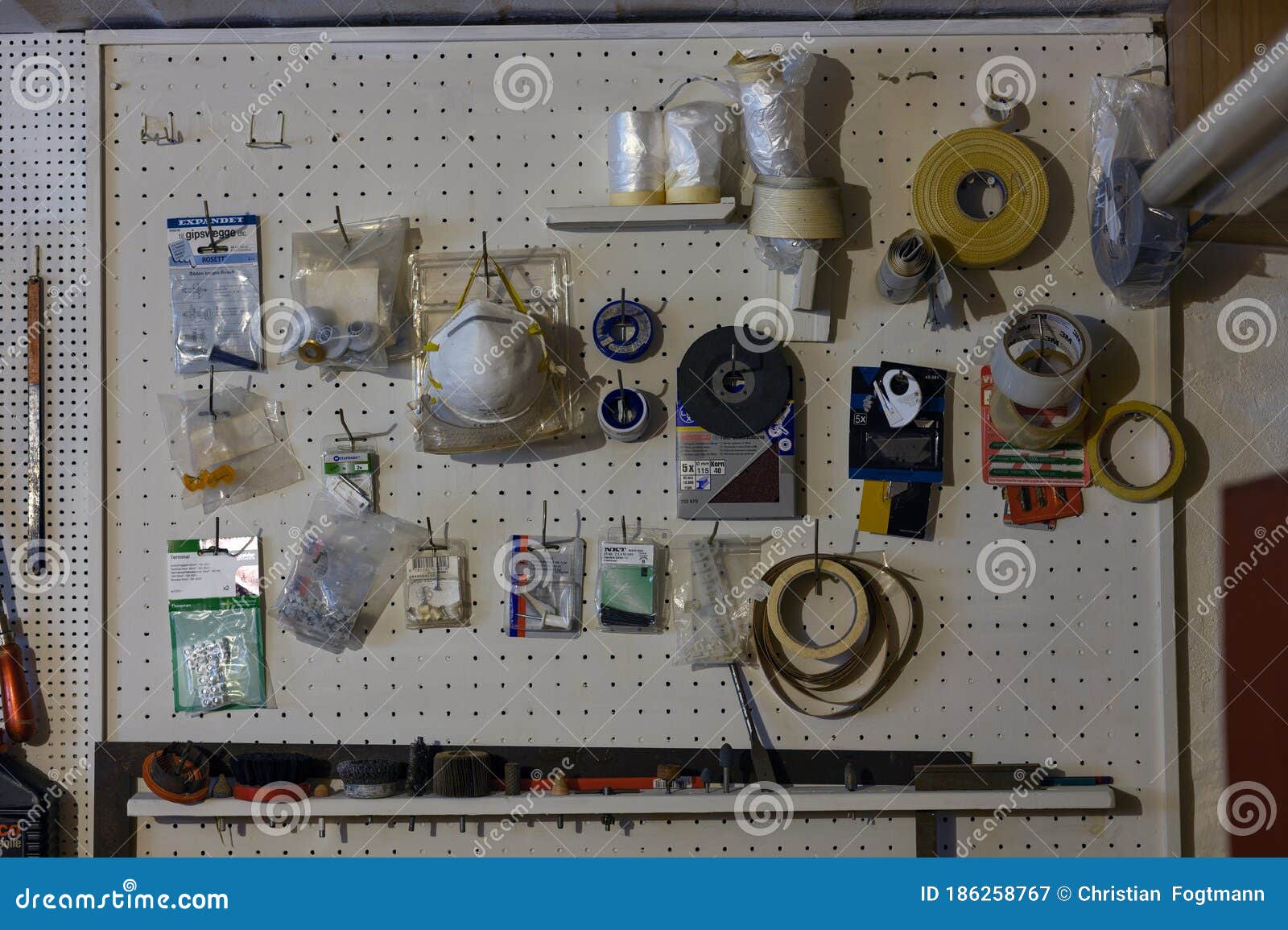 Workshop - Wall in a Basement Room with Various Tools Stock Image ...