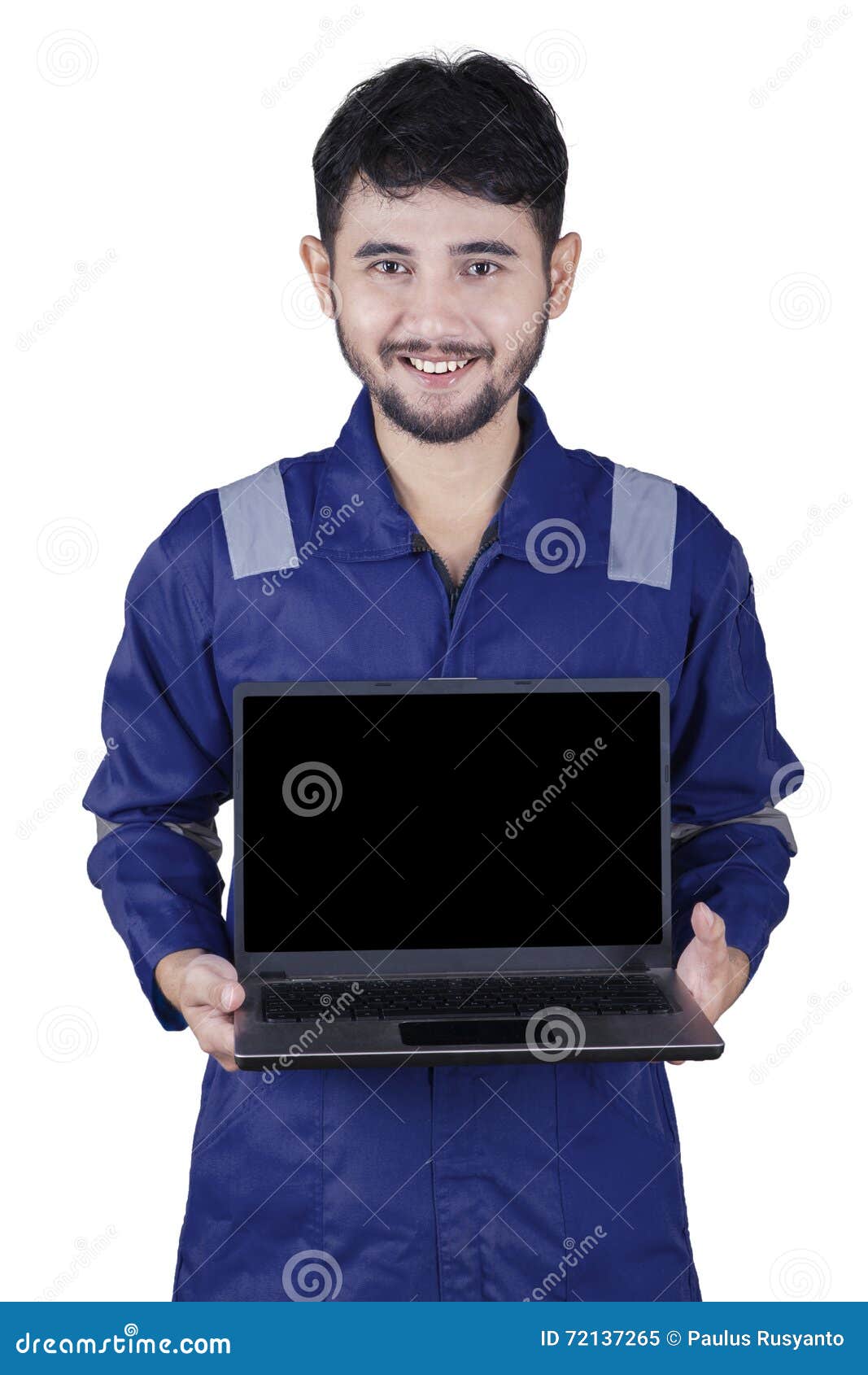 Workshop Worker Shows Laptop Stock Image - Image of mechanic, screen ...