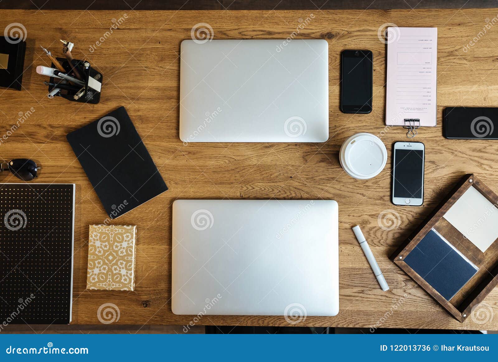 Workspace in Aerial View with Laptop, Desk Stock Photo - Image of home ...