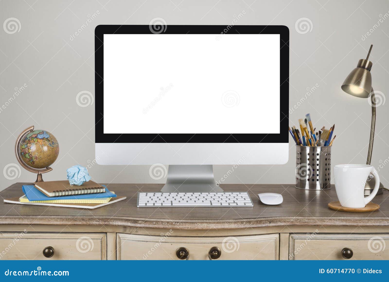 Workspace Background with Desktop Pc and Accessories on Vintage Table ...