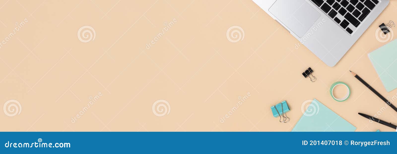 Workspace Banner with Laptop and Stationery on a Beige Background Stock ...