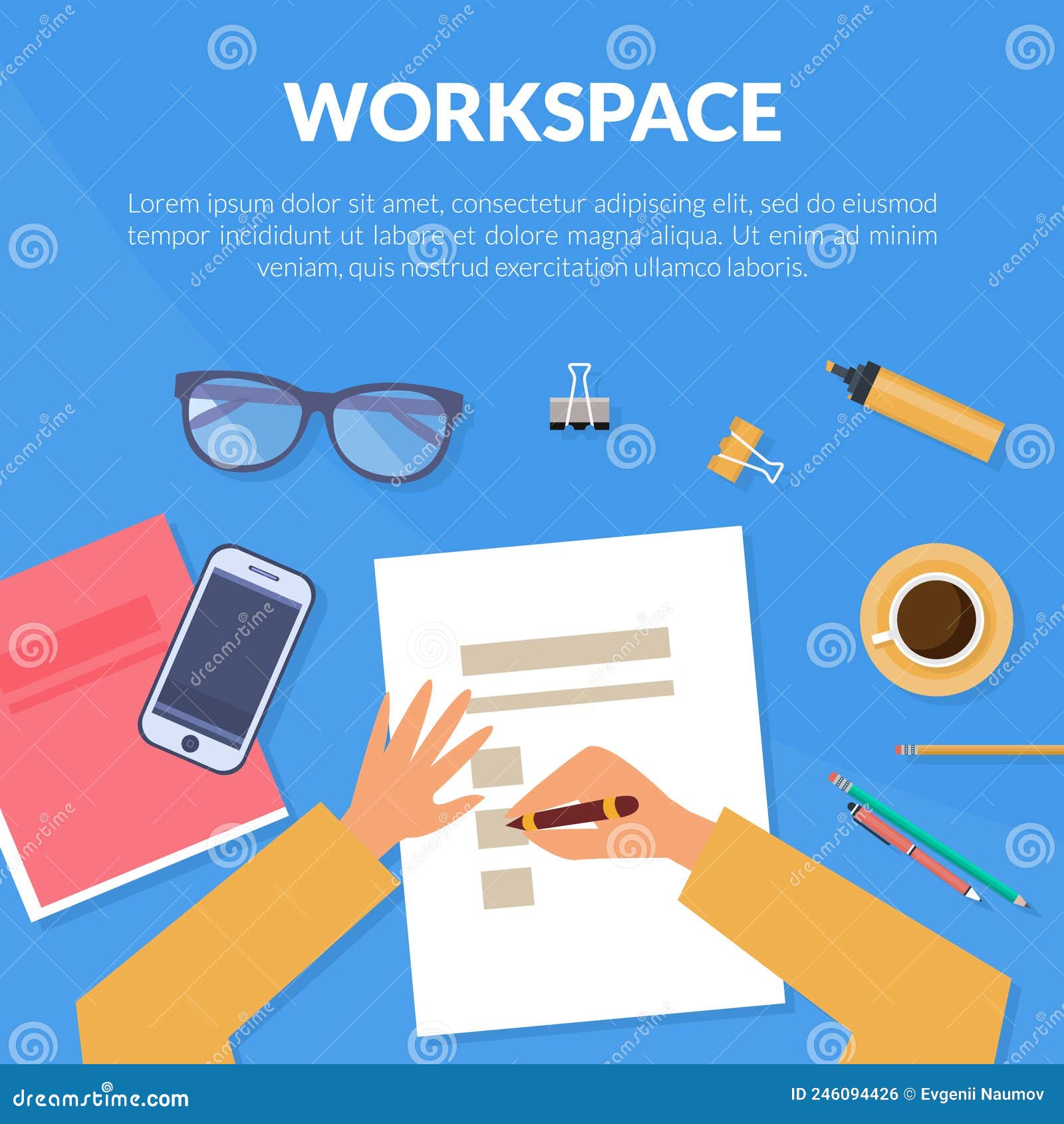 Workspace Banner with Objects Rested on Desk Top View of Table Vector ...