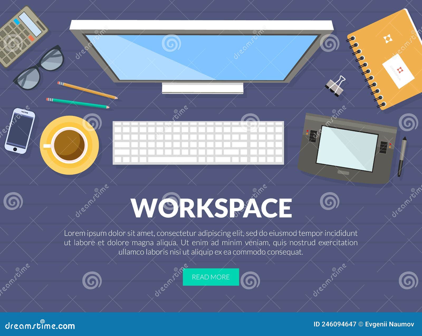 Workspace Banner with Objects Rested on Desk Top View of Table Vector ...
