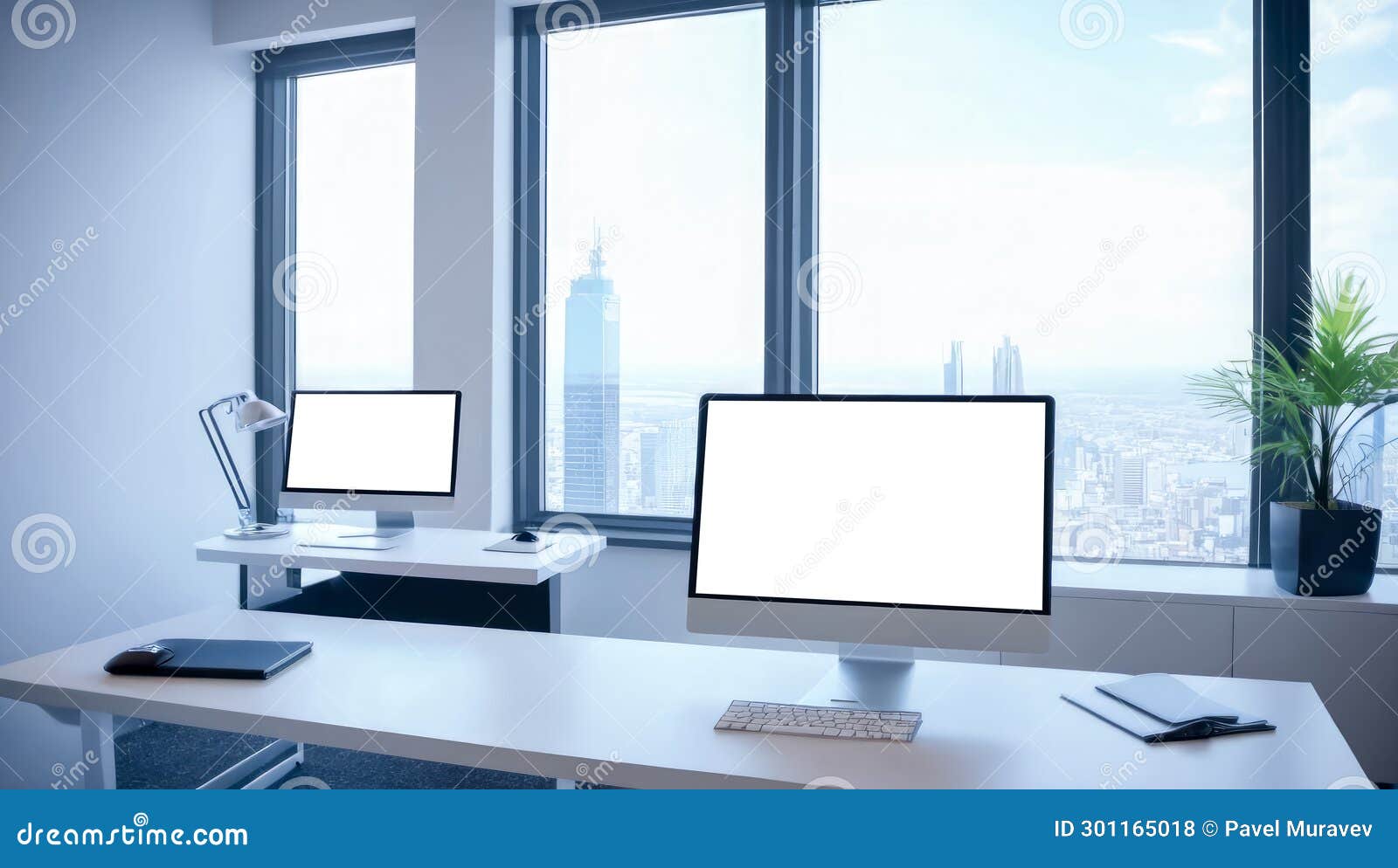 Workspace Blank Screen Computer And Equipment On Table And Window ...