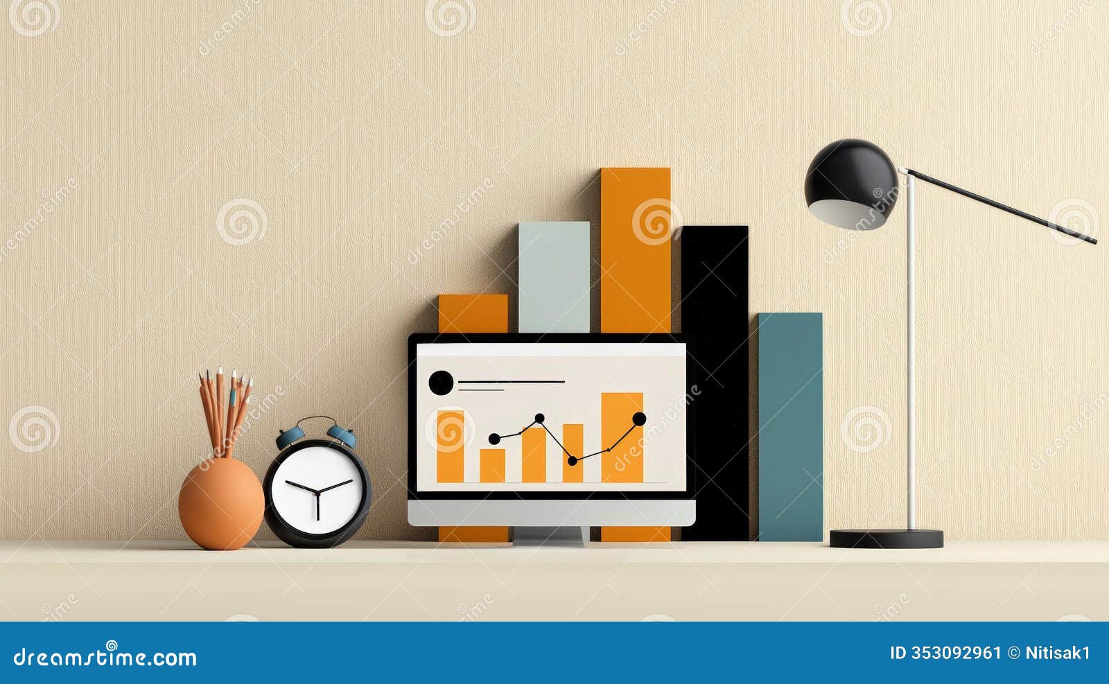 Workspace with Chart Clock and Lamp Stock Illustration - Illustration ...