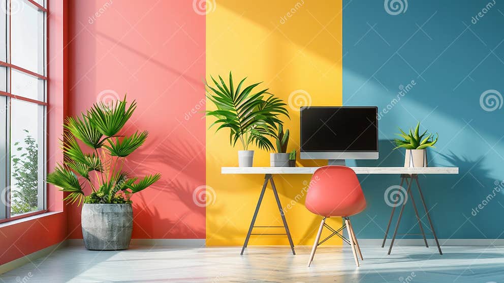 Workspace with Computer, Chair and Plants in Front of a Bright Colored ...