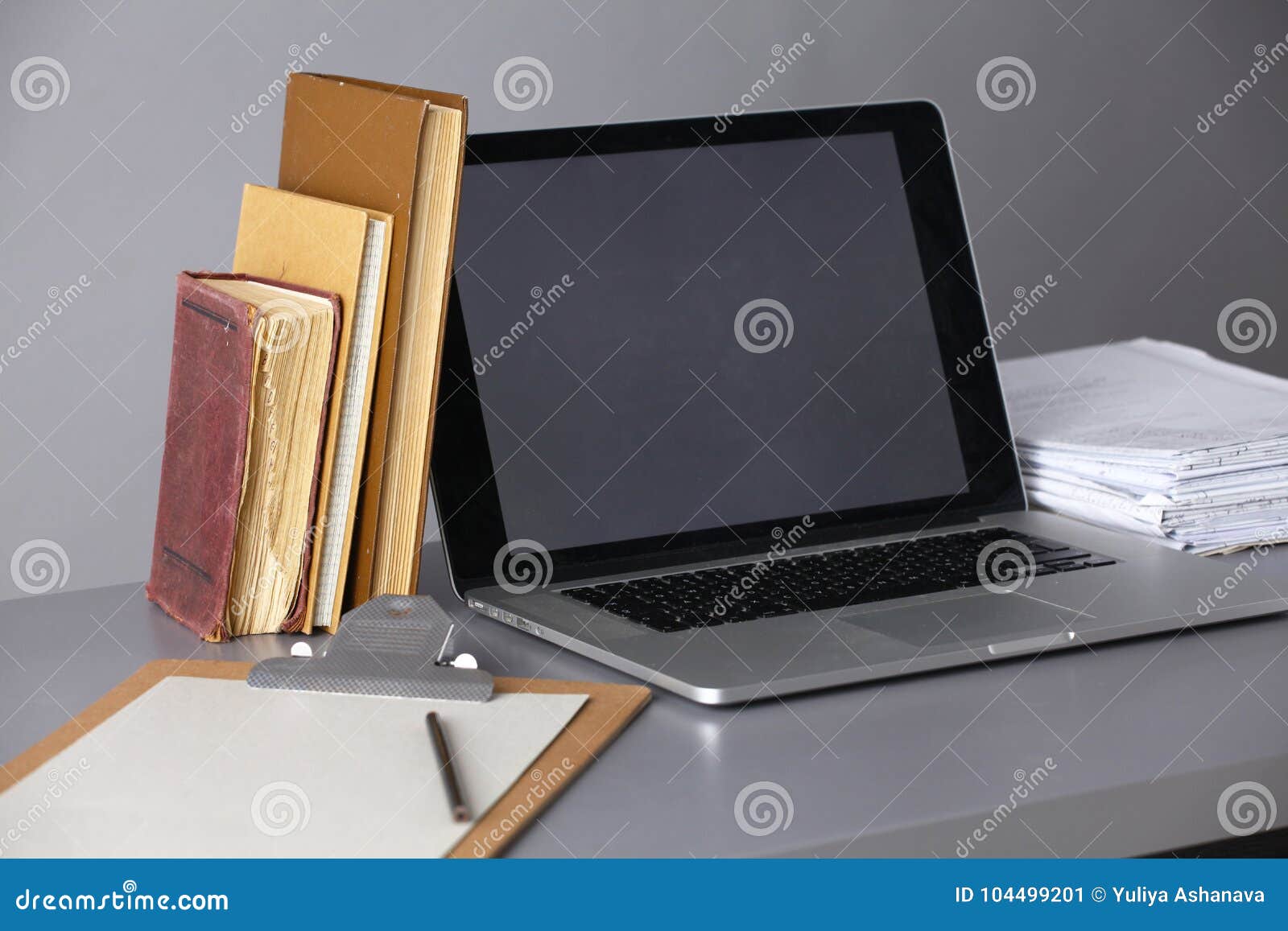 Workspace with Computer and Documents in Office Stock Image - Image of ...
