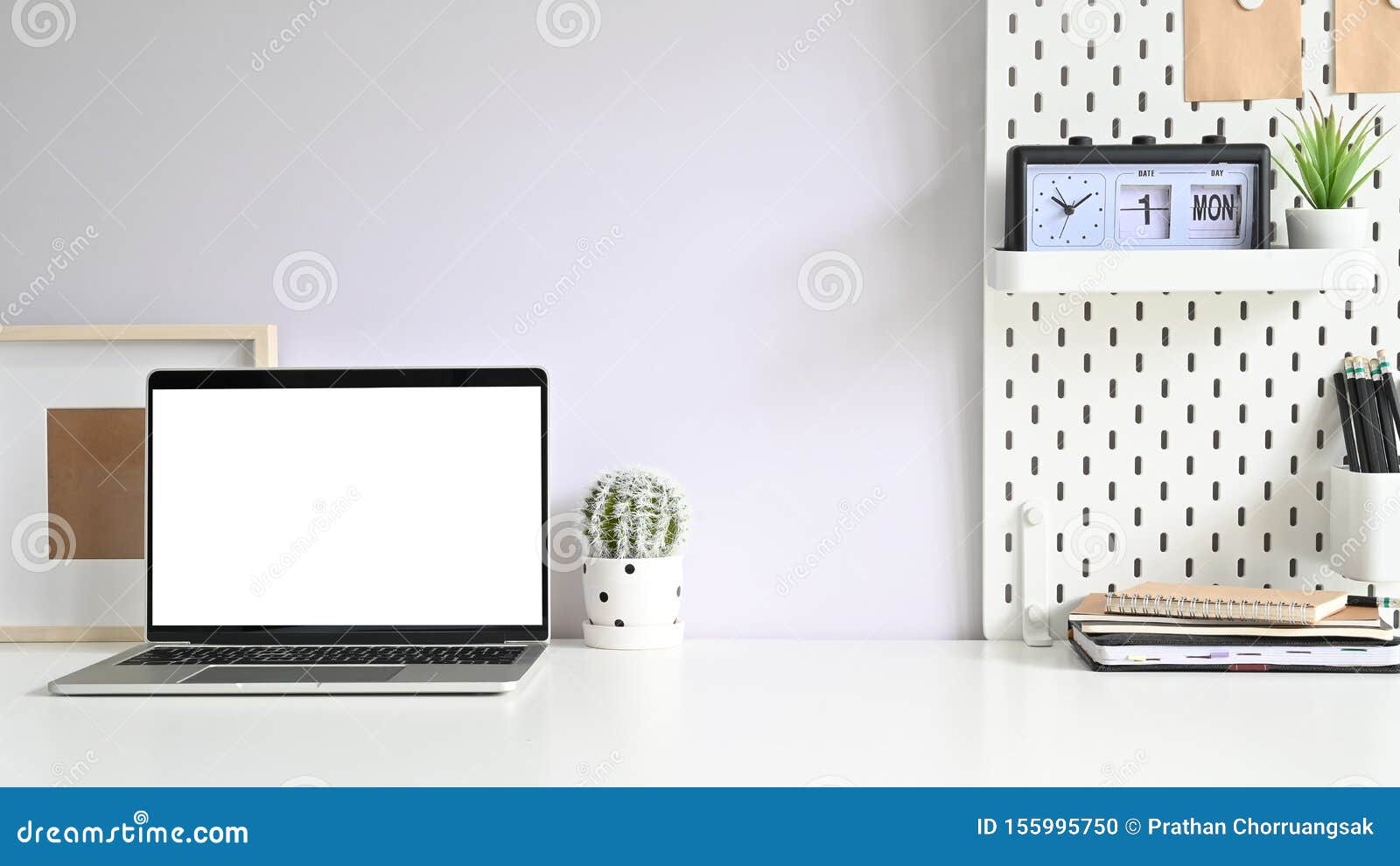 Workspace Computer, Empty Screen Laptop and Office Supplies on White ...