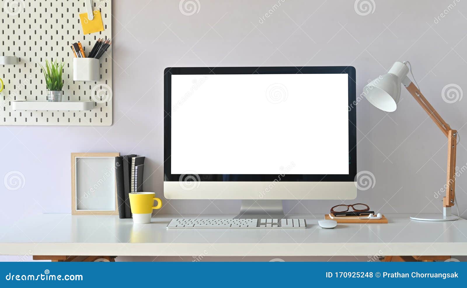 Workspace Computer Mockup and Office Supplies with Peg Board on Wooden ...