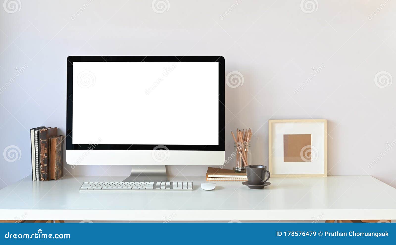 Workspace Computer Monitor with White Blank Screen Putting on White ... Workspace Computer Monitor with White Blank Screen Putting on White ...