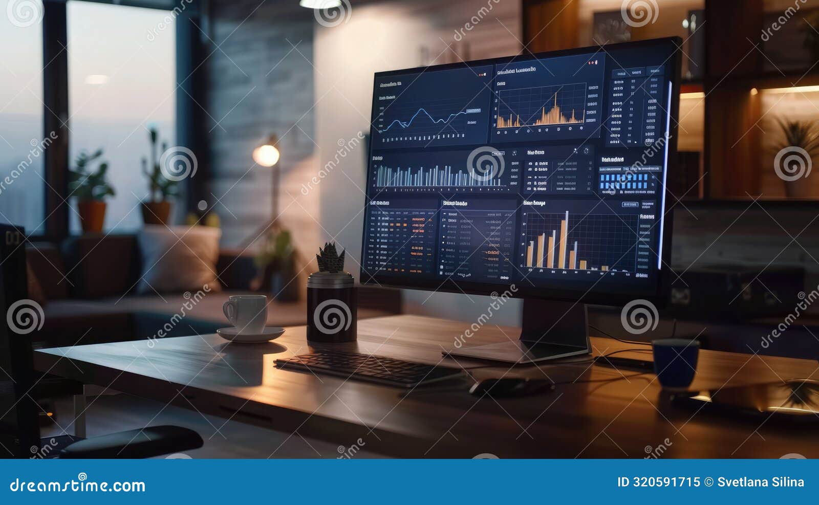 Workspace with a Computer Showing Financial Dashboards and a Cup of ...