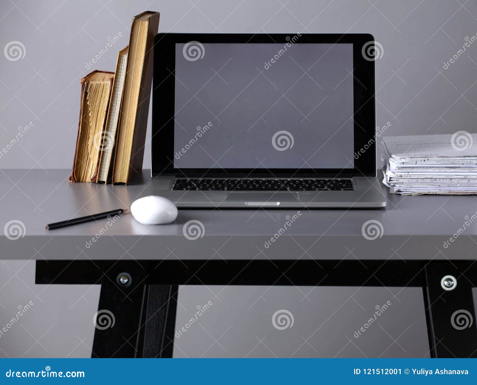 Workspace with Computer and Stack of Papers in Office Stock Image ...