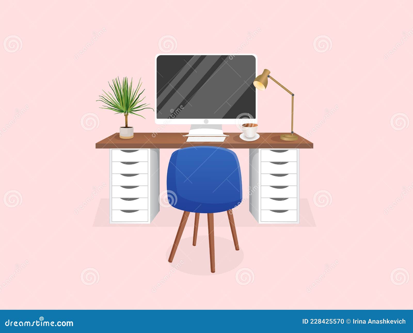 Workspace with a Computer, Table, Plant, Lamp and Cup on an Isolated ...