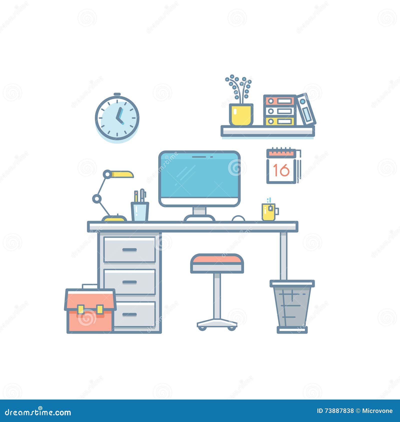Workspace with Computer, Vector Interior Stock Vector - Illustration of ...