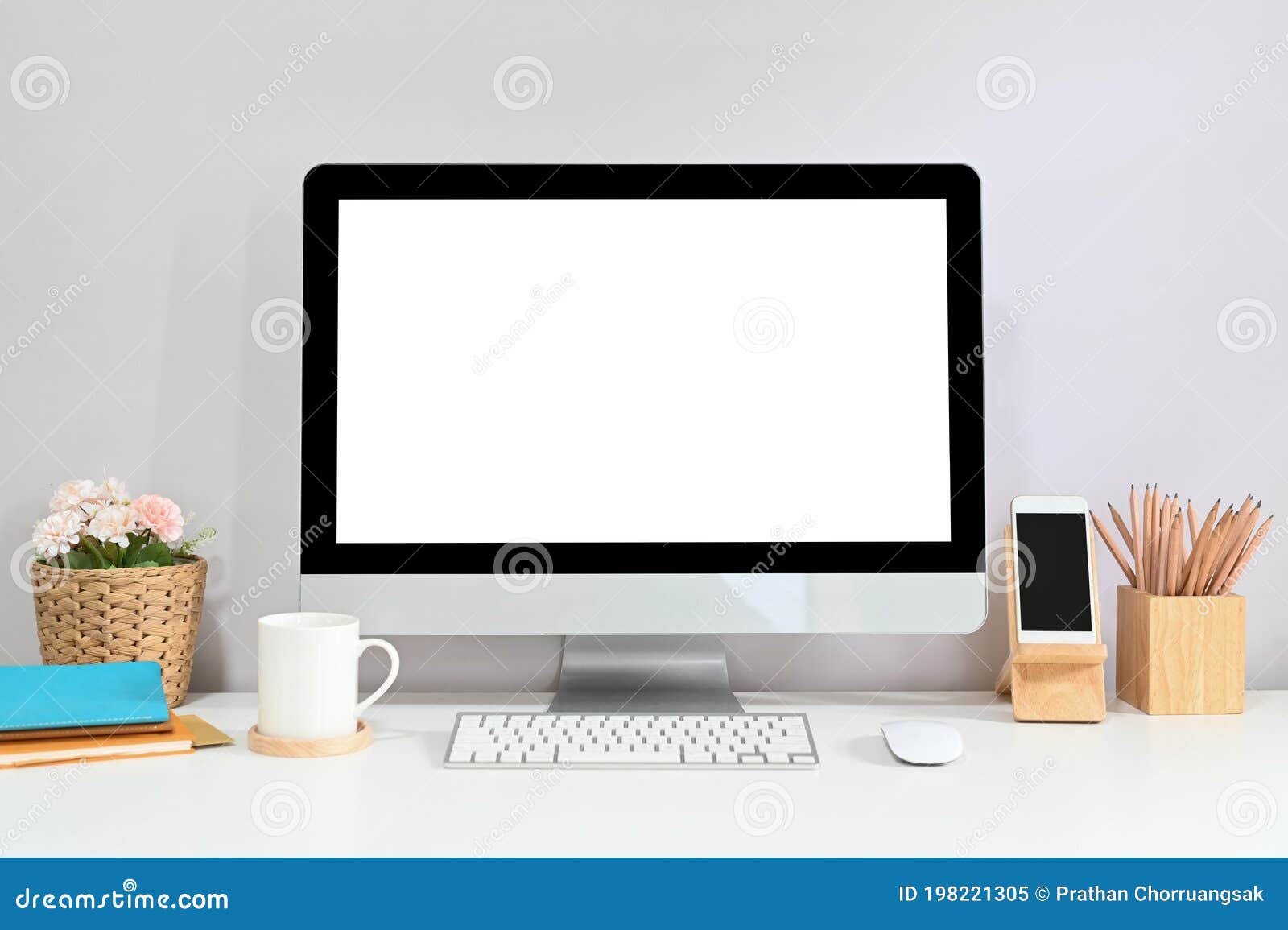 Workspace Computer with a White Blank Screen is Putting on a Working ...