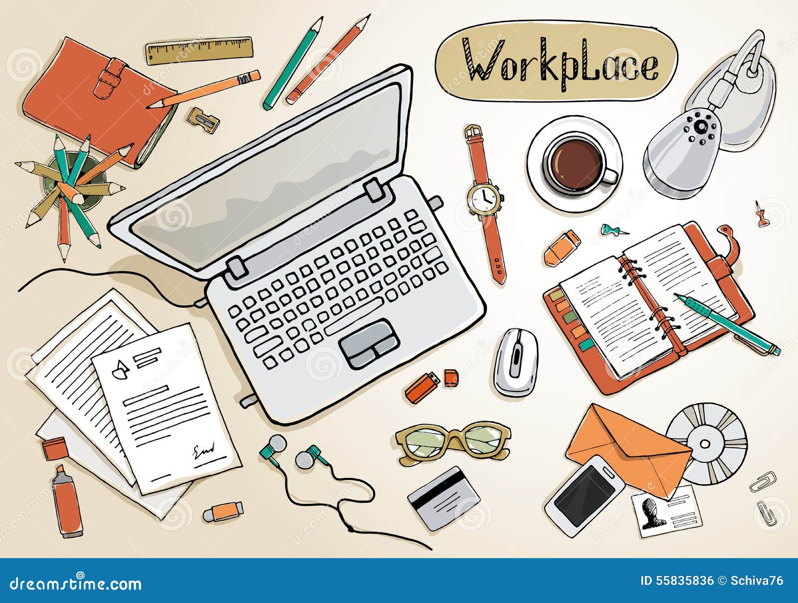 Workspace stock vector. Illustration of computer, hand - 55835836
