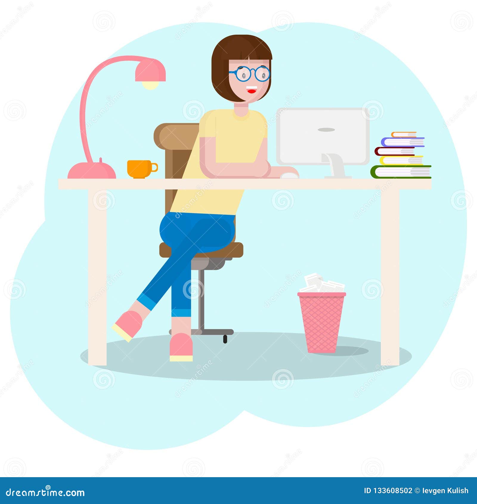 Workspace Concept with Devices. Girl Student at Workplace with Graphic ...