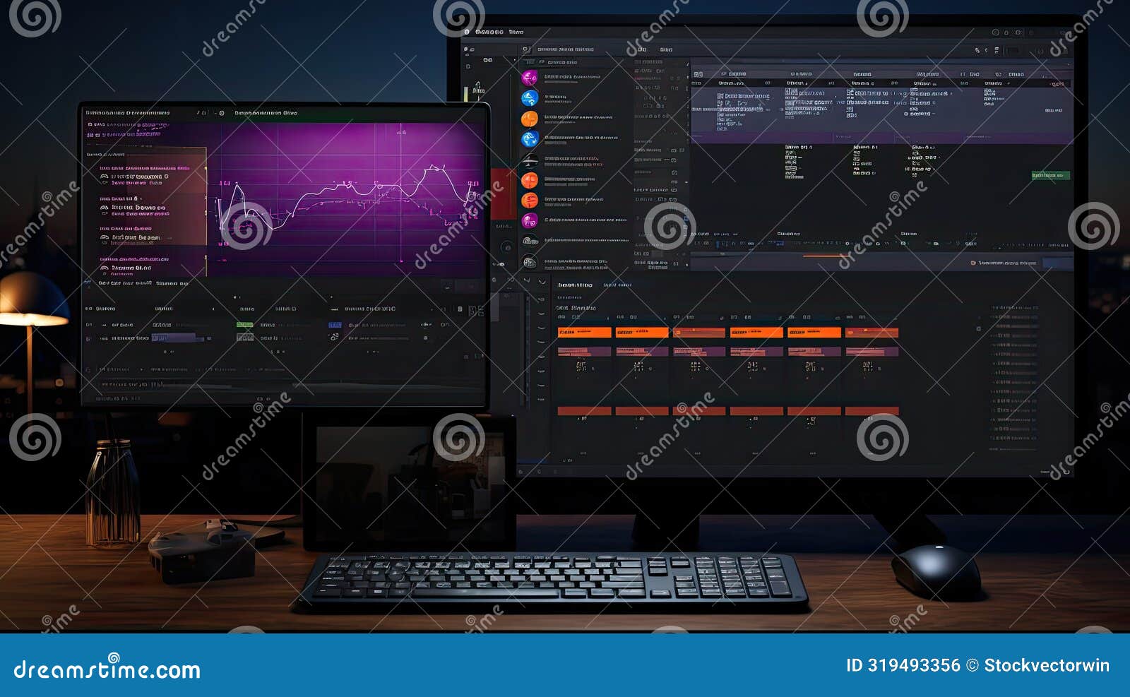 Workspace dark mode stock illustration. Illustration of colors - 319493356